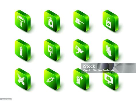 페인트 스프레이 건 스프레이 캔 노즐 캡 고무 장갑 보안 카메라 및 마커 펜 아이콘을 설정합니다 벡터 3차원 형태에 대한 스톡 벡터 아트 및 기타 이미지 Istock