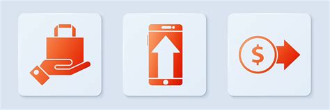 달러 기호와 스마트 폰 휴대 전화 손과 종이 쇼핑 백과 동전 돈을 설정합니다 흰색 사각형 버튼입니다 벡터 가방에 대한 스톡 벡터 아트 및 기타 이미지 Istock