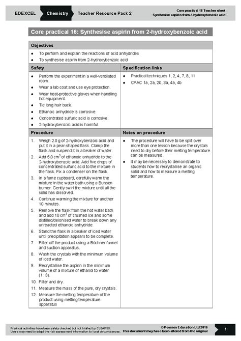 A Level Chemistry Core Practical 16 Aspirin Edexcel Chemistry