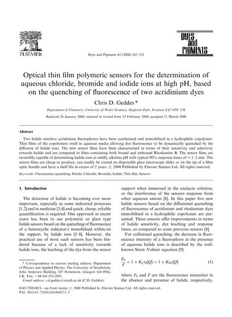 Pdf Optical Thin Film Polymeric Sensors For The Determination Of Aqueous Chloride Bromide And