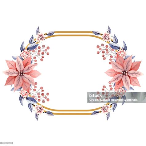 눈 베리 나뭇 가지와 포인 세티아 꽃황금 수평 타원형 프레임의 겨울 수채화 손으로 그린 그림 초대장 인사말 카드 인쇄물 포스터