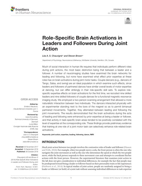Pdf Role Specific Brain Activations In Leaders And Followers During Joint Action
