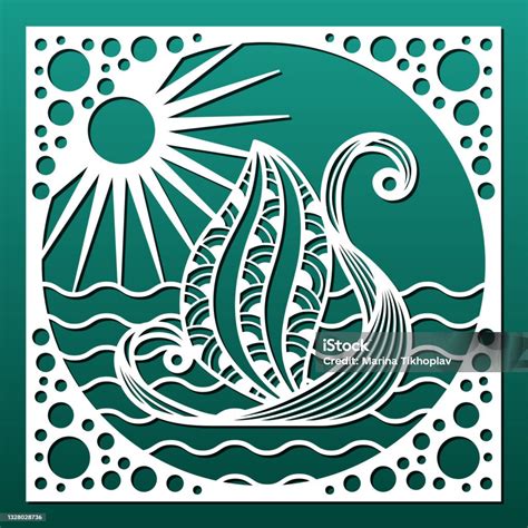 레이저 절단 패널 가정용 장식 벽 걸이 종이 예술 장식 타일에 대한 Cnc 절단 스텐실 바다 파도와 보트 벡터 일러스트레이션 서핑 바다에 대한 스톡 벡터 아트 및 기타