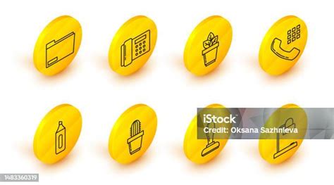 테이블 램프 스탬프 선인장 즙이 많은 냄비 마커 펜 전화 송수화기 꽃 및 문서 폴더 아이콘을 설정합니다 벡터 3차원 형태에 대한 스톡 벡터 아트 및 기타 이미지 Istock