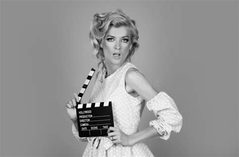 Young Women Holding Clapboard Clapper Board Making Video Cinema Movie