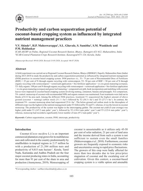 PDF Productivity And Carbon Sequestration Potential Of Coconut Based Cropping System As