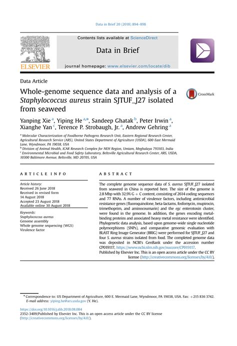 Pdf Whole Genome Sequence Data And Analysis Of A Staphylococcus Aureus Strain Sjtuf J27