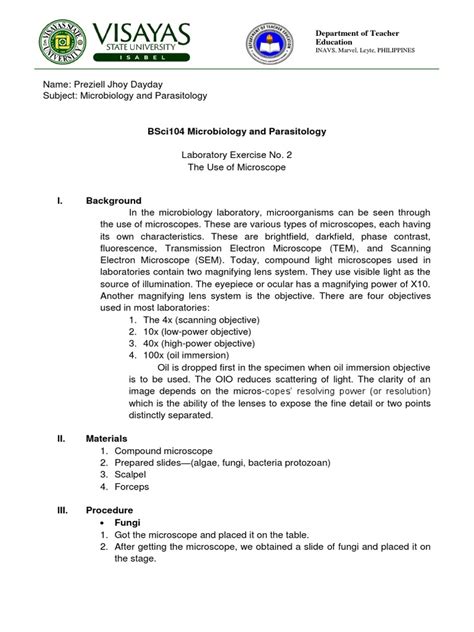 Lab Exercise No 2 Pdf Microscope Equipment