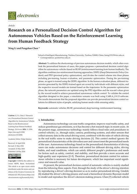 Pdf Research On A Personalized Decision Control Algorithm For Autonomous Vehicles Based On The