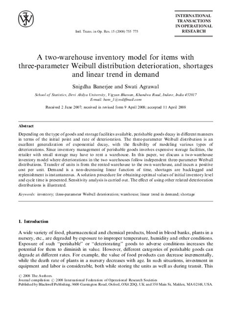 Pdf A Two Warehouse Inventory Model For Items With Three Parameter Weibull Distribution