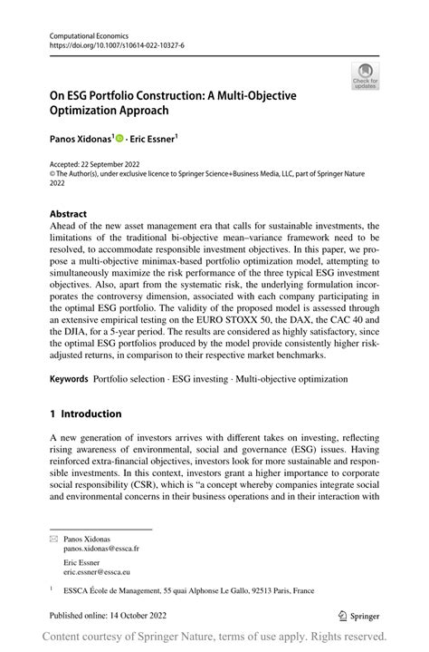 On Esg Portfolio Construction A Multi Objective Optimization Approach Request Pdf