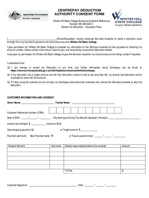 Fillable Online Whiteshillsc Eq Edu Centrepay Deduction Authority Consent Form Eq Fax Email