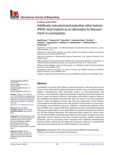 Pdf Additively Manufactured Polyether Ether Ketone Peek Skull Implant As An Alternative To