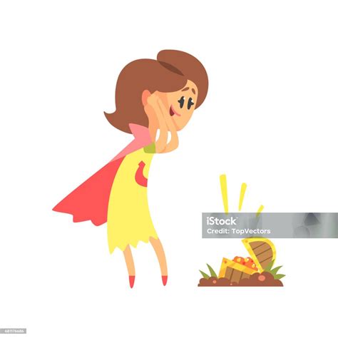 귀여운 만화 여자는 보물 상자를 발견했다 다채로운 문자 벡터 일러스트 귀여운에 대한 스톡 벡터 아트 및 기타 이미지 귀여운 날씨 독일 Istock