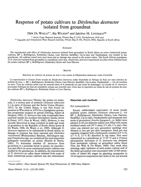 Pdf Response Of Potato Cultivars To Ditylenchus Destructor Isolated