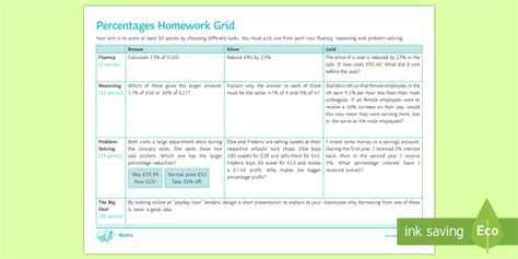 Homework Grid Percentages Questions Ks3 Maths Beyond