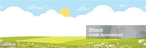 매끄러운 패턴 푸른 하늘 배경에 구름이 있는 봄 녹색 들판 풍경 끝없는 파노라마 언덕에 잔디밭이 있는 봄의 아름다운 시골 자연 봄 또는 여름 배너에 대 한 벡터 만화에 대한
