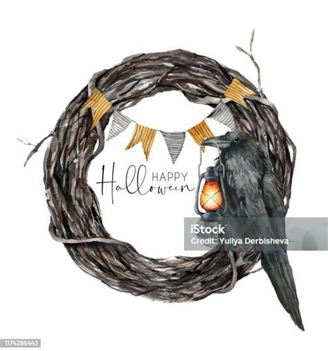 까마귀와 수채화 할로윈 화환 흰색 배경에 고립 된 깃발 화환과 랜턴손으로 그린 휴일 템플릿 디자인 인쇄 또는 배경에 대한