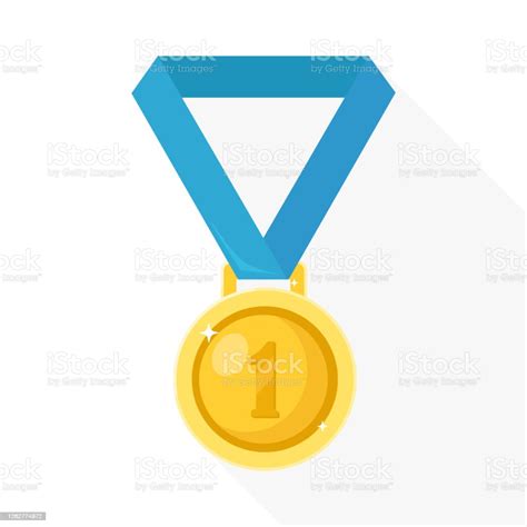 1위를 차지한 블루 리본으로 금메달을 목에 걸었습니다 트로피 배경에 고립 된 우승자 상 황금 배지 아이콘 스포츠 비즈니스 성취 승리 개념 벡터 그림입니다 플랫 스타일 디자인