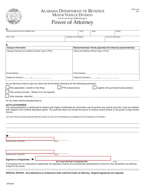 Free Alabama Vehicle Power Of Attorney Form Mvt 5 13 Pdf Eforms