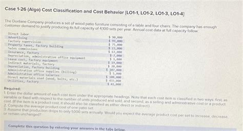 Solved Case 1 26 Algo Cost Classification And Cost Behavior Lo1