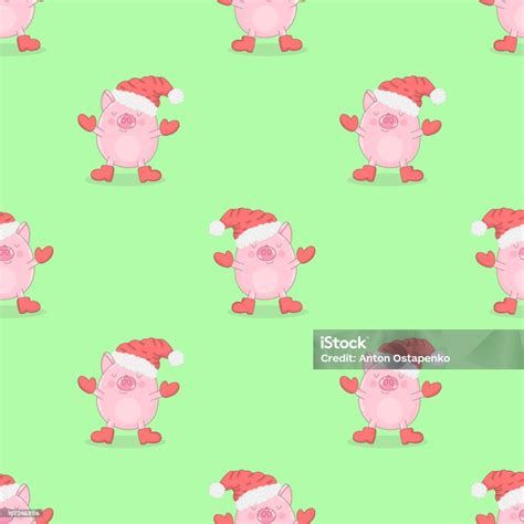 격리 된 녹색 배경에 겨울 옷에 귀여운 돼지의 완벽 한 패턴입니다 벡터 그림은 돼지의 새 해 인쇄 포장 종이 카드 어린이 대 한 2019년에 대한 스톡 벡터 아트 및 기타