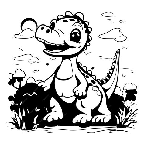 Черно белая векторная иллюстрация мультфильма Динозавр Eps10 Премиум векторы