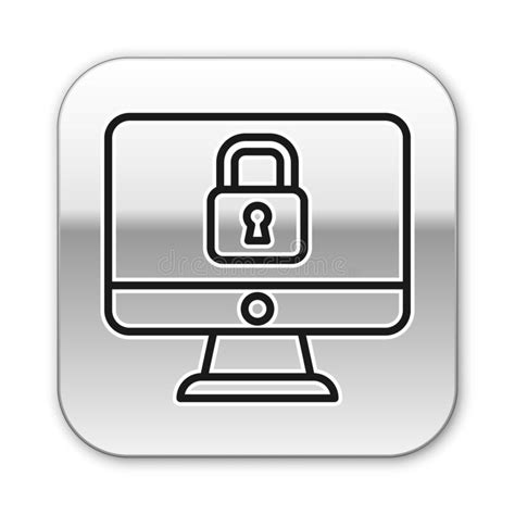 Black Line Lock On Computer Monitor Screen Icon Isolated On White Background Security Safety