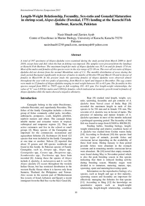 PDF Length Weight Relationship Fecundity Sex Ratio And Gonadal Maturation In Shrimp Scad