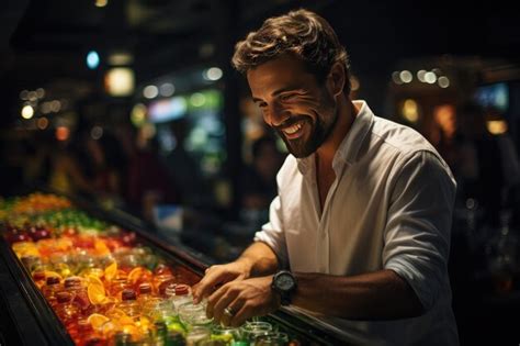 Premium Ai Image Customer Explores Bar Of Colorful And Vibrant Mocktails Generative Ia