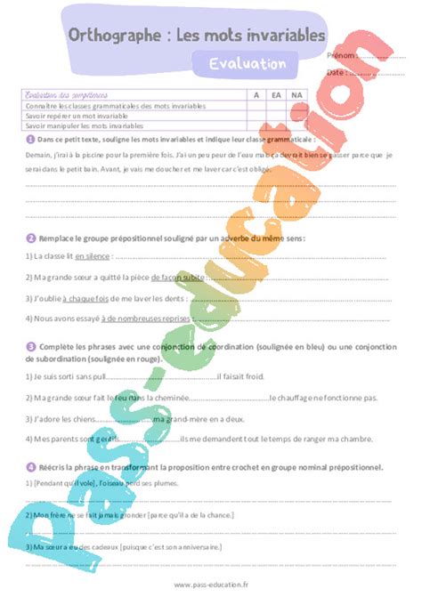 Les Mots Invariables 6ème Évaluation Cycle 3 Pdf à Imprimer