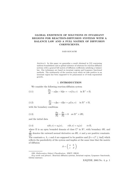 Pdf Global Existence Of Solutions In Invariant Regions For Reaction Diffusion Systems With A