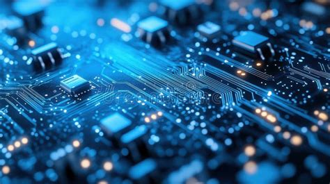 Close Up Of Illuminated Circuit Board With Glowing Blue Traces And