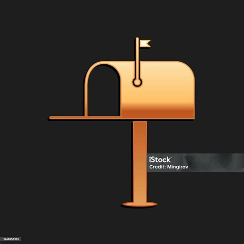 골드 오픈 사서함 아이콘은 검은색 배경으로 격리되어 있습니다 사서함 아이콘입니다 깃발이 달린 기둥에 우편함 긴 그림자 스타일 벡터 개념에 대한 스톡 벡터 아트 및 기타