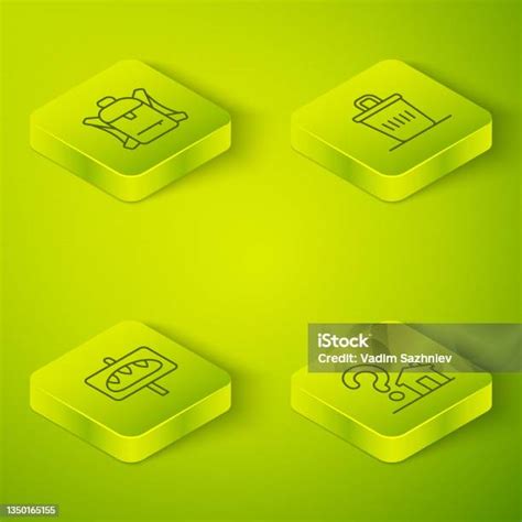 세트 등산화 라인 휴지통 캔 기부 음식 물음표와 하이킹 배낭 아이콘이있는 집 벡터 3차원 형태에 대한 스톡 벡터 아트 및 기타 이미지 3차원 형태 가공의 인물 개념