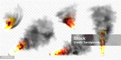 현실적인 검은 연기 구름과 화재 화염 폭발 폭발 불타는 물체에서 연기의 흐름 산불 투명 안개 효과 벡터 설계 요소 개념에 대한
