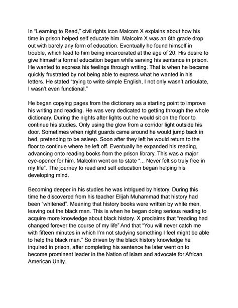 Malcom X Summary In “learning To Read ” Civil Rights Icon Malcom X Explains About How His Time