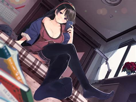 Download Free Busty Anime Girl Wearing Thigh Highs Wallpaper