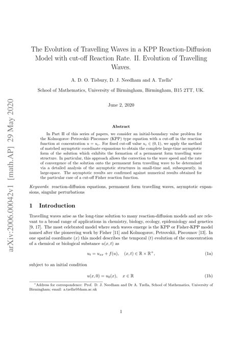 Pdf The Evolution Of Travelling Waves In A Kpp Reaction Diffusion Model With Cut Off Reaction