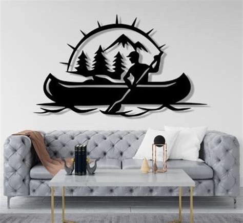 Canoe Svg Dxf Png Files Laser Cut File Canoe Boat Scene Lake River Wall Art For Cnc
