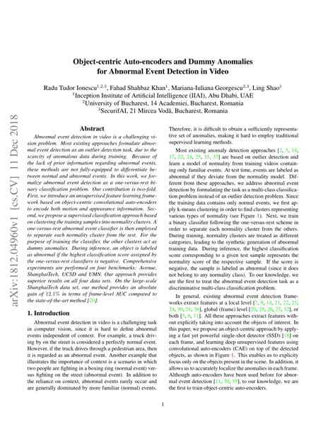 Pdf Object Centric Auto Encoders And Dummy Anomalies For Abnormal Event Detection In Video
