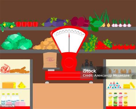 유제품과 채소를 가지고 카운터를 쇼핑하십시오 가중치가 있는 카운터 벡터 그림입니다 계산원에 대한 스톡 벡터 아트 및 기타 이미지 계산원 과일 구매 Istock