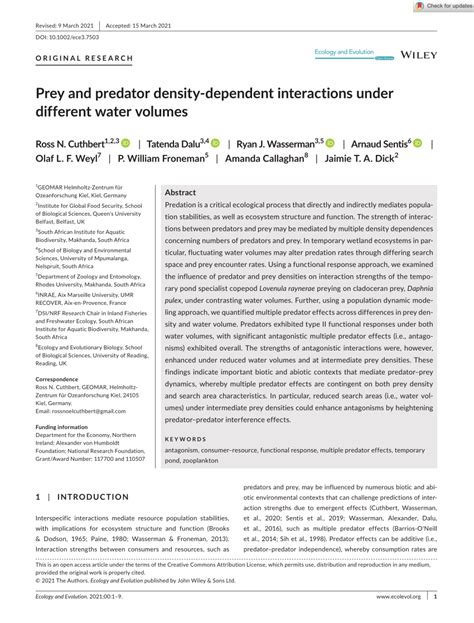 Pdf Prey And Predator Density‐dependent Interactions Under Different Water Volumes