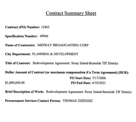 4 Contract Summary Templates Pdf Doc
