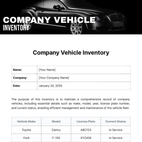 Free Company Vehicle Inventory Template To Edit Online