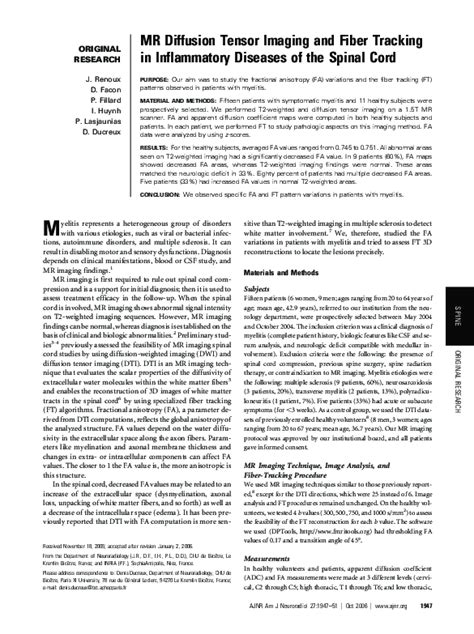 Pdf Mr Diffusion Tensor Imaging And Fiber Tracking In Spinal Cord Arteriovenous Malformations