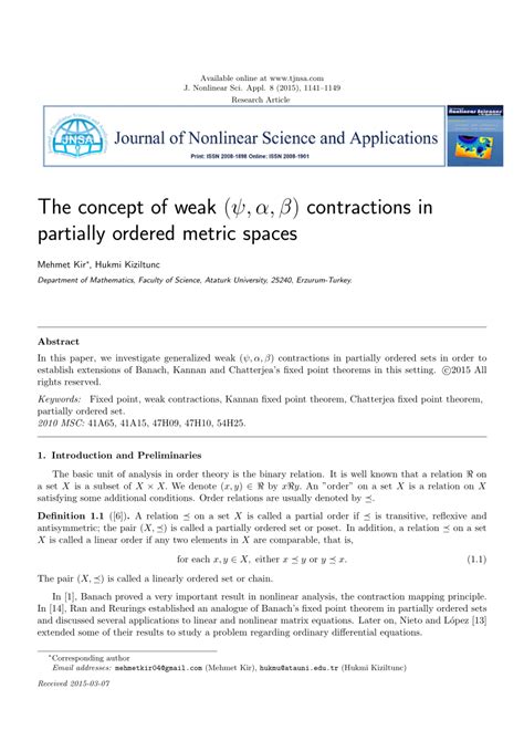 Pdf The Concept Of Weak ψ α β Contractions In Partially Ordered Metric Spaces