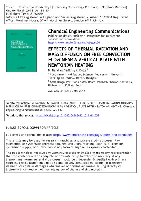 Pdf Effects Of Thermal Radiation And Mass Diffusion On Free Convection Flow Near A Vertical