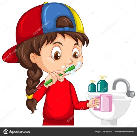 Personaje Dibujos Animados Chica Cepillarse Los Dientes Con Ilustración