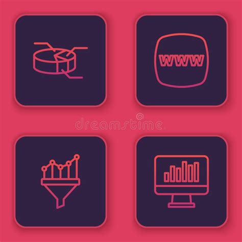 Set Line Pie Chart Infographic Sales Funnel With Website Template And Monitor Blue Square